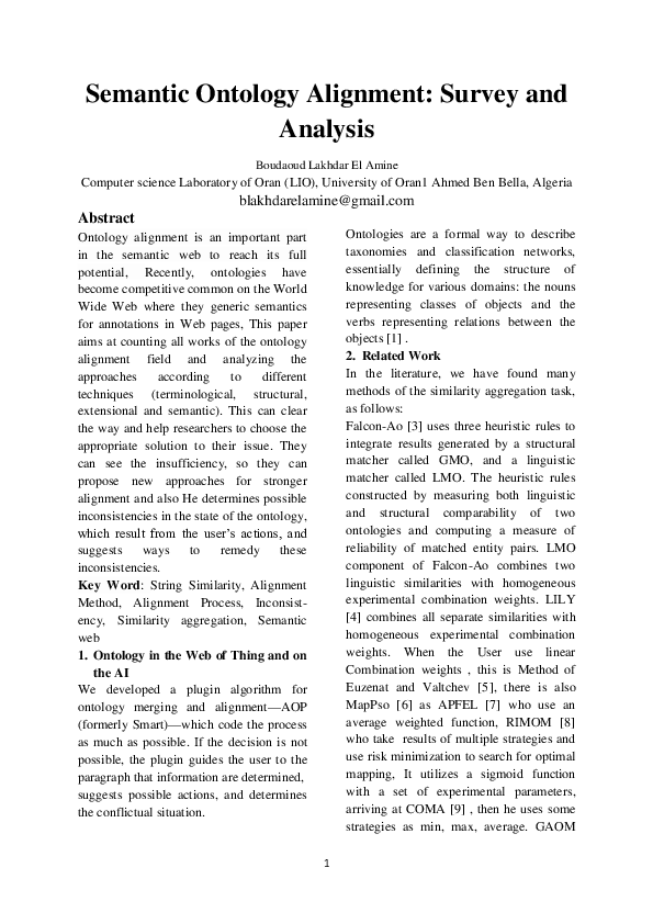 (PDF) Semantic Ontology Alignment: Survey and Analysis