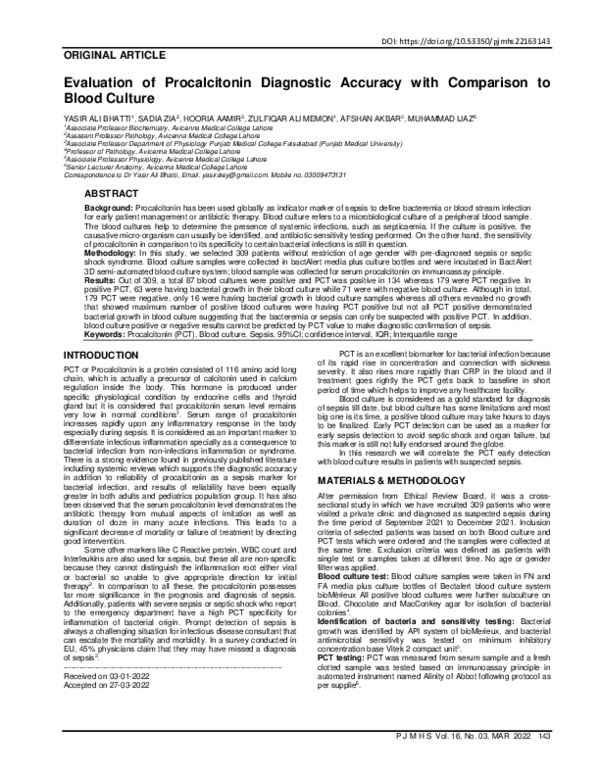 (PDF) Evaluation of Procalcitonin Diagnostic Accuracy with Comparison to Blood Culture | Sadia ...