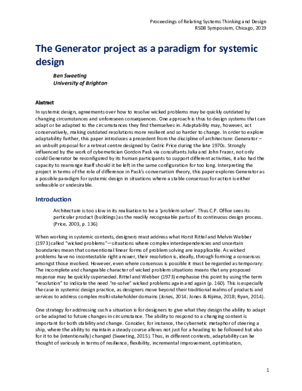 (PDF) The Generator project as a paradigm for systemic design