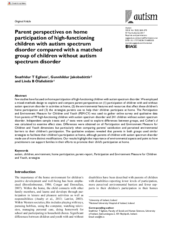 (PDF) Parent perspectives on home participation of high-functioning ...
