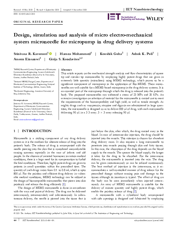 (PDF) Design, simulation and analysis of micro electro‐mechanical system microneedle for ...