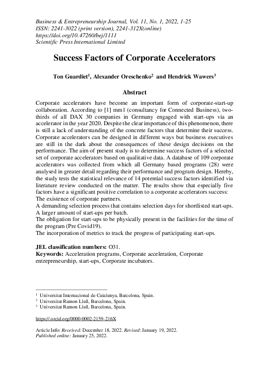 (PDF) Success Factors of Corporate Accelerators