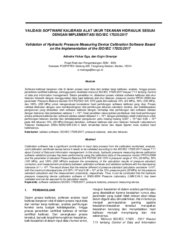 (PDF) Validasi Software Kalibrasi Alat Ukur Tekanan Hidraulik Sesuai dengan Implementasi ISO/IEC ...
