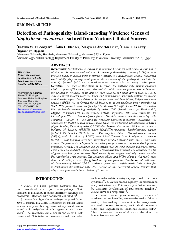 Pdf Detection Of Pathogenicity Island Encoding Virulence Genes Of Staphylococcus Aureus