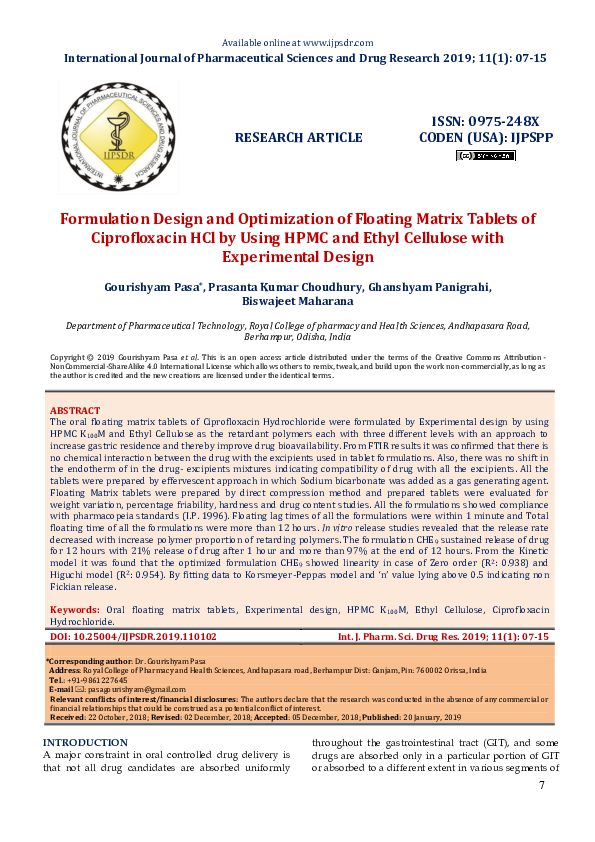 Pdf Formulation Design And Optimization Of Floating Matrix Tablets Of Ciprofloxacin Hcl By