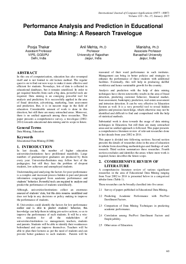 Pdf Performance Analysis And Prediction In Educational Data Mining A Research Travelogue