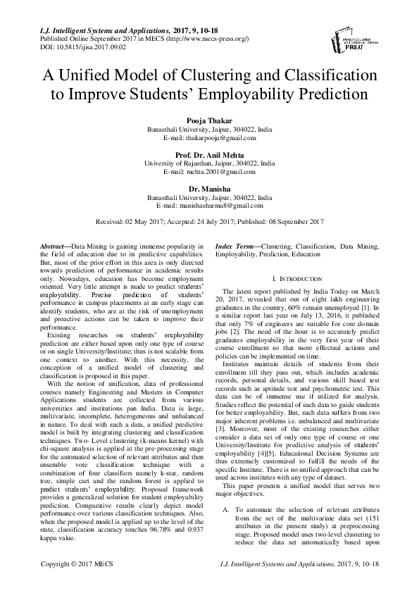 (PDF) A Unified Model of Clustering and Classification to Improve Students’ Employability Prediction