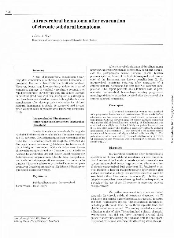 (PDF) Intracerebral hematoma after evacuation of chronic subdural hematoma
