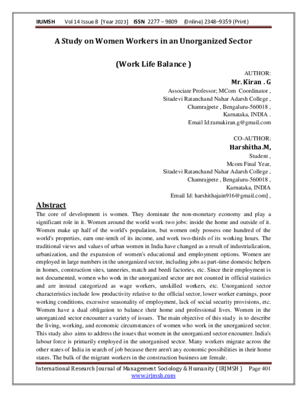 (PDF) A Study on Women Workers in an Unorganized Sector (Work Life ...