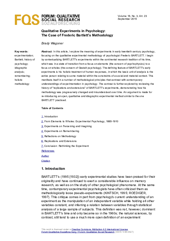 (PDF) Qualitative experiments in psychology: The case of Frederic Bartlett's methodology