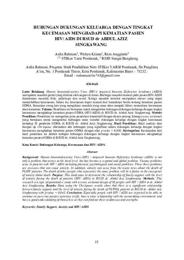 (PDF) Hubungan Dukungan Keluarga dengan Tingkat Kecemasan Menghadapi Kematian Pasien HIV atau ...