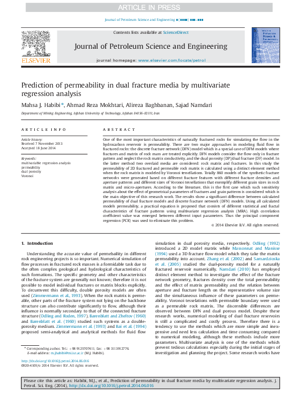 (PDF) Prediction of permeability in dual fracture media by multivariate regression analysis ...