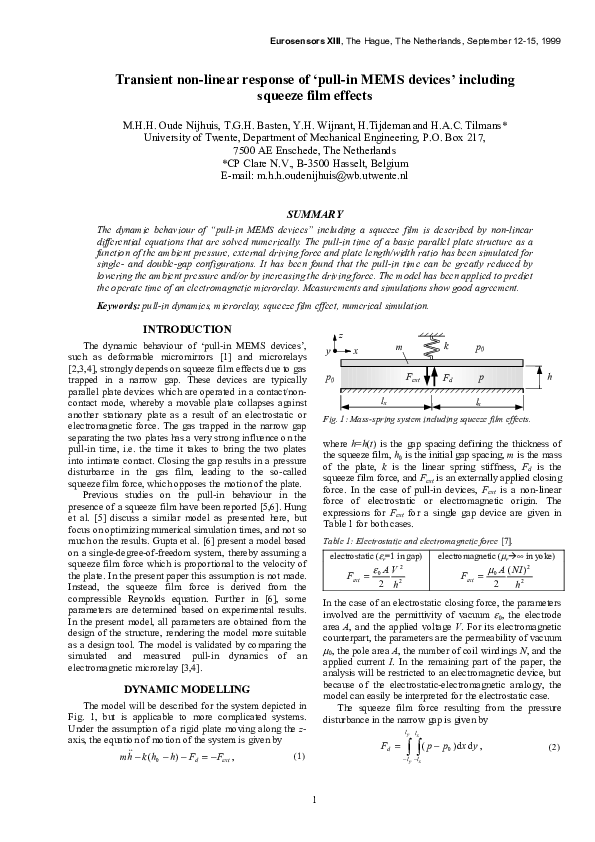 (PDF) Transient non-linear response of 'pull-in MEMS devices' including squeeze film effects ...
