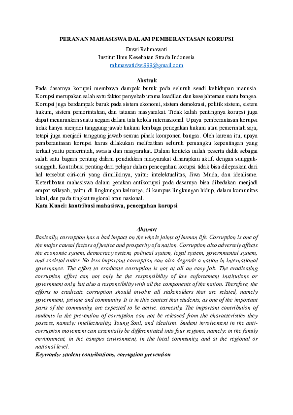 (PDF) PERANAN MAHASISWA DALAM PEMBERANTASAN KORUPSI