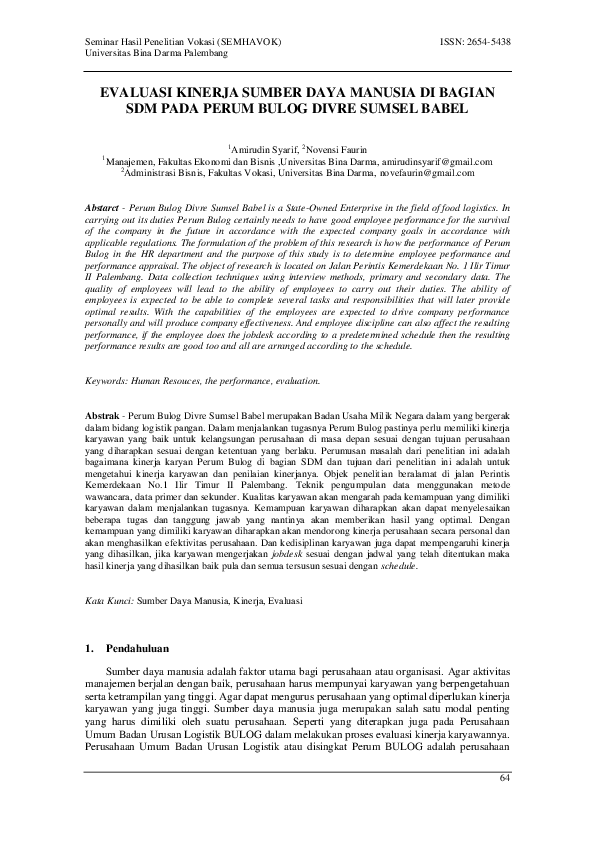 (PDF) Evaluasi Kinerja Sumber Daya Manusia DI Bagian SDM Pada Perum Bulog Divre Sumsel Babel