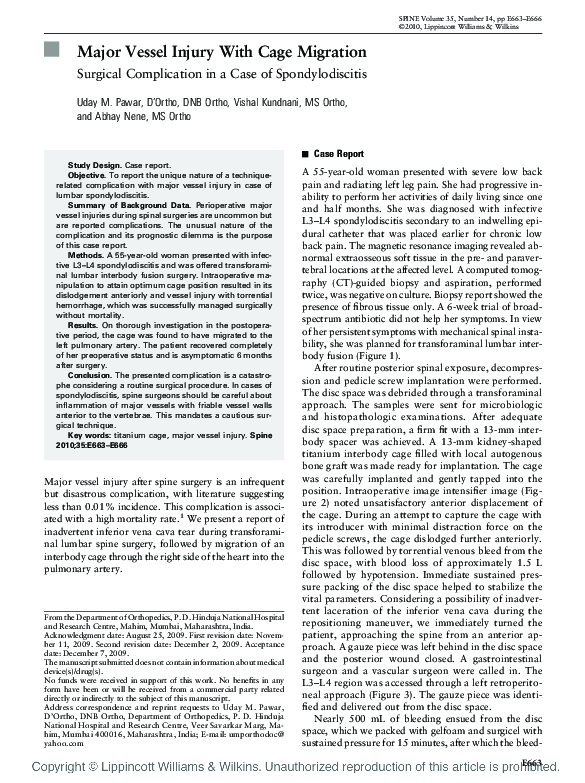 (PDF) Major Vessel Injury With Cage Migration
