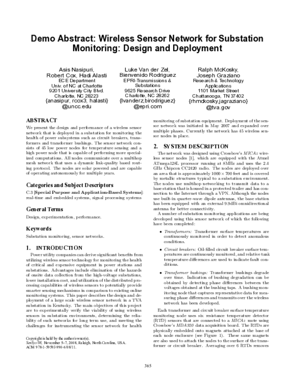 (PDF) Wireless sensor network for substation monitoring