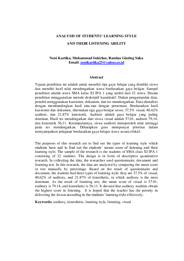 (PDF) Analysis of Students’ Learning Style and Their Listening Ability