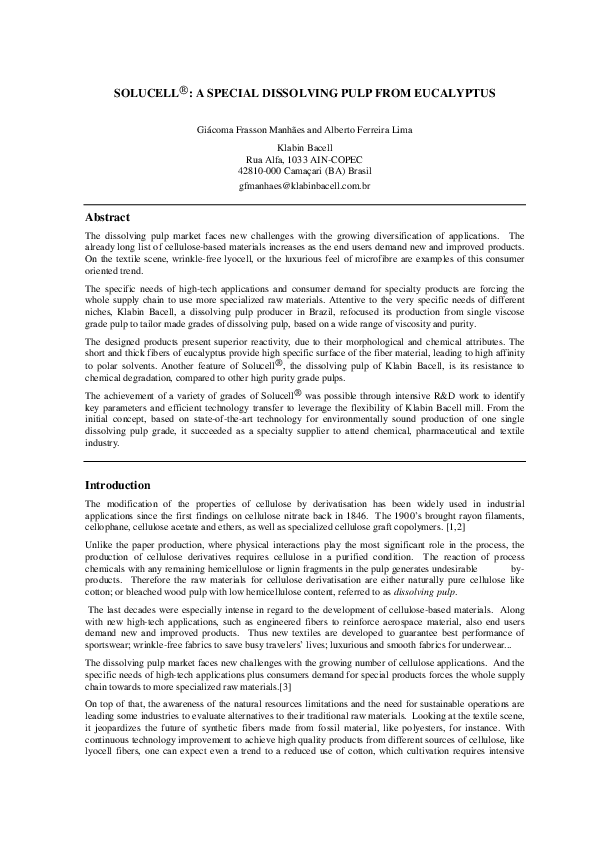 (PDF) Solucell : A Special Dissolving Pulp from Eucalyptus | Alberto ...