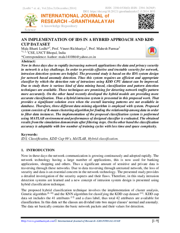 (PDF) An Implementation of Ids in a Hybrid Approach and KDD Cup Dataset