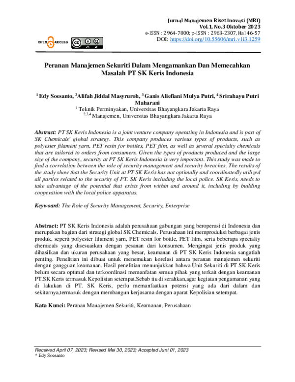 (PDF) Peranan Manajemen Sekuriti Dalam Mengamankan Dan Memecahkan Masalah PT SK Keris Indonesia