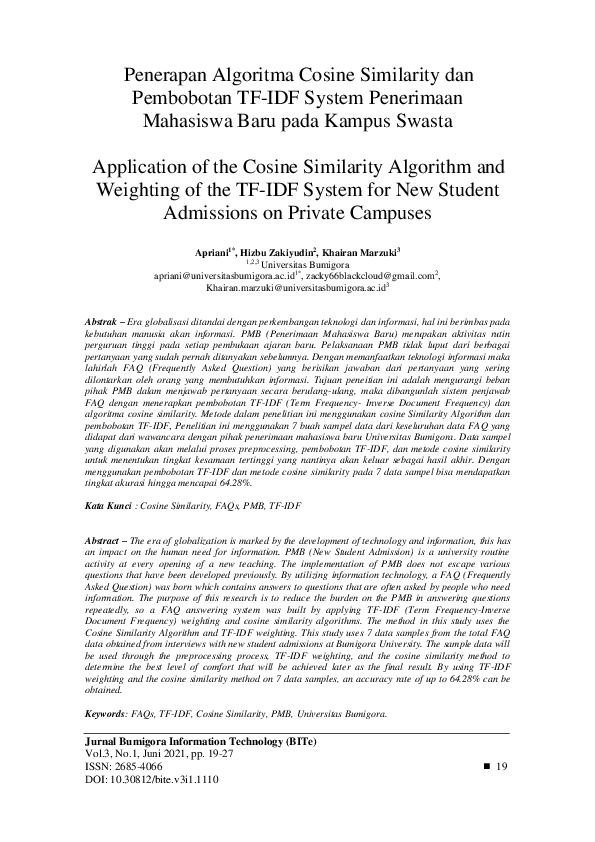 (PDF) Penerapan Algoritma Cosine Similarity dan Pembobotan TF-IDF System Penerimaan Mahasiswa ...