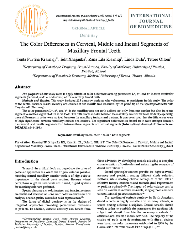 (PDF) The Color Differences in Cervical, Middle and Incisal Segments of ...