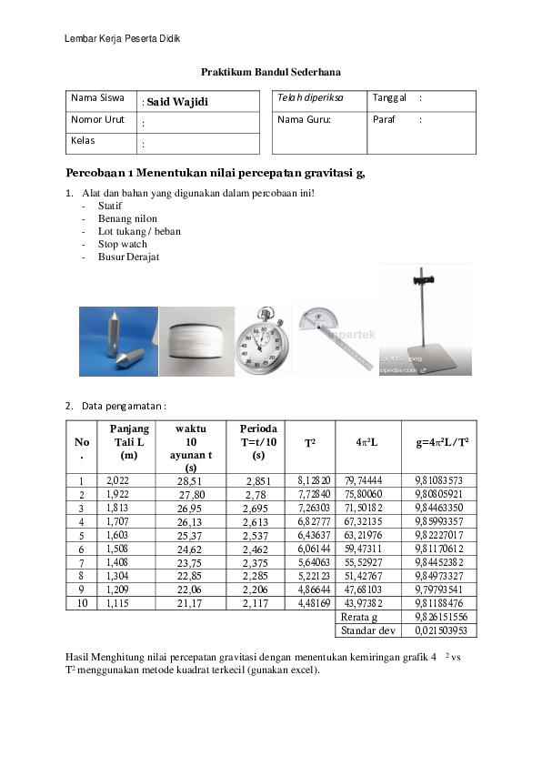 (PDF) Praktikum Bandul Sederhana Percobaan 1 Menentukan nilai ...