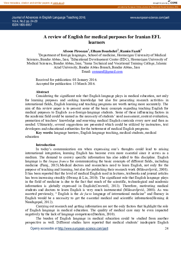 (PDF) A review of English for medical purposes for Iranian EFL learners ...
