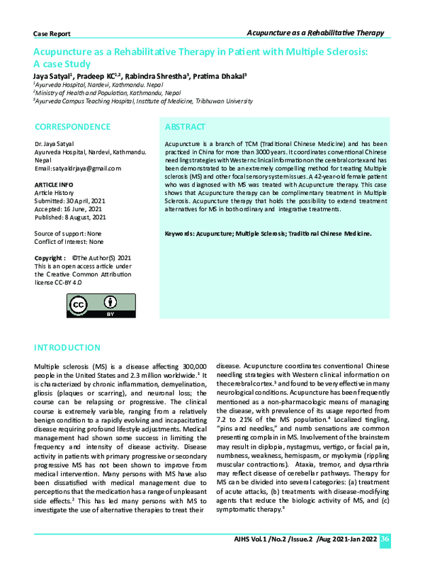 (PDF) Acupuncture as a Rehabilitative Therapy in Patient with Multiple ...