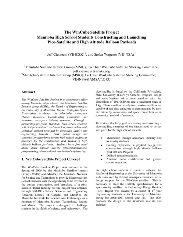 (PDF) The Wincube Sattelite Project Manitoba High School Students ...