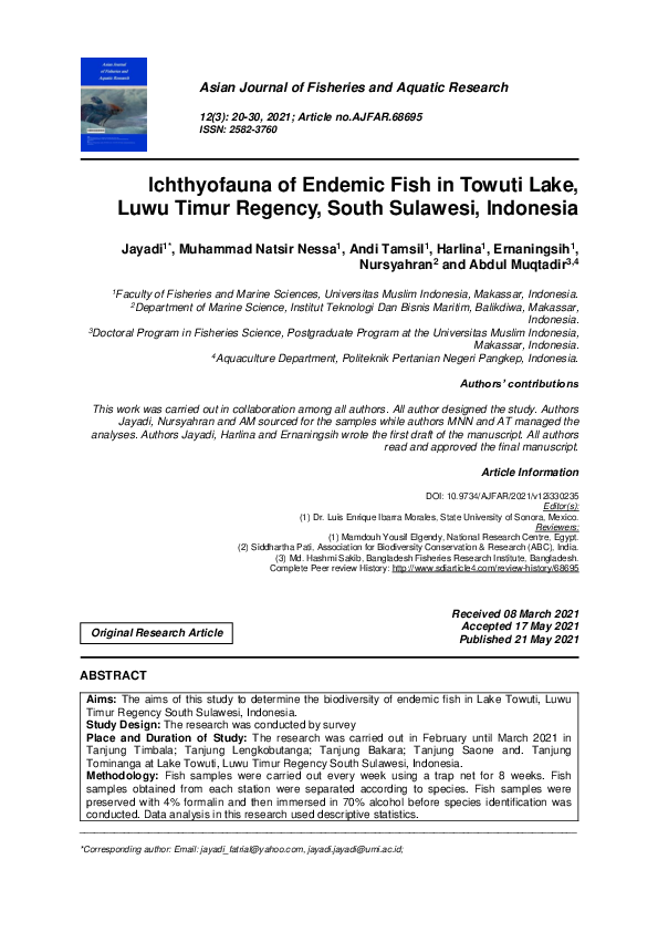 (PDF) Ichthyofauna of Endemic Fish in Towuti Lake, Luwu Timur Regency ...