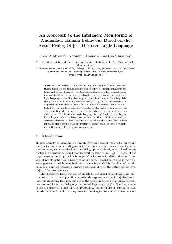 (PDF) Intelligent Monitoring of Anomalous Human Behavior Using Actor Prolog