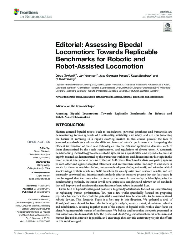 (PDF) Editorial: Assessing Bipedal Locomotion: Towards Replicable Benchmarks for Robotic and ...