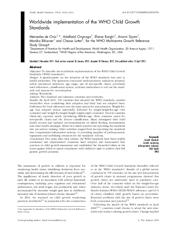 (PDF) Worldwide implementation of the WHO Child Growth Standards