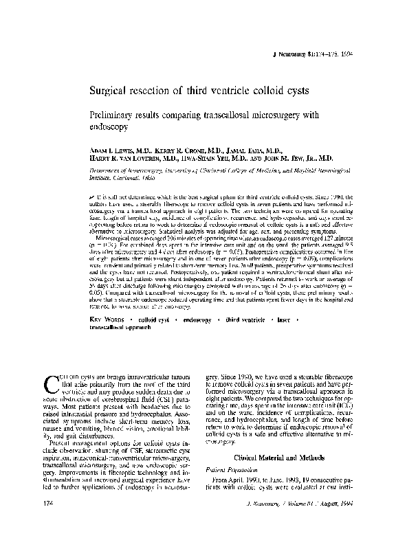 (PDF) Surgical resection of third ventricle colloid cysts | John Tew ...