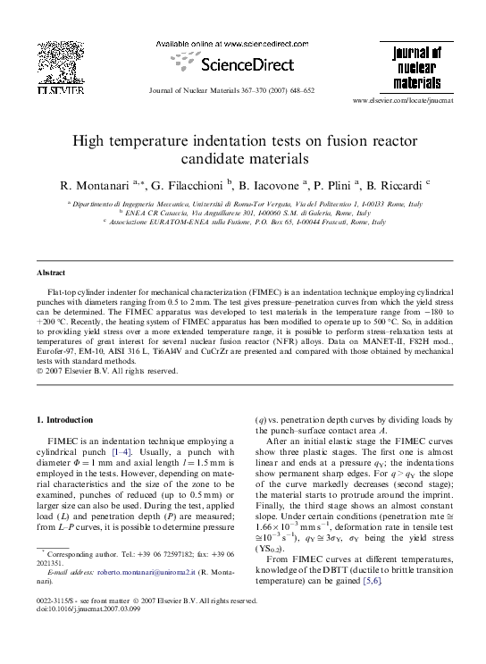 (PDF) High temperature indentation tests on fusion reactor candidate ...