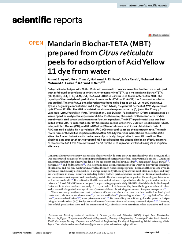 (PDF) Mandarin Biochar-TETA (MBT) prepared from Citrus reticulata peels for adsorption of Acid ...