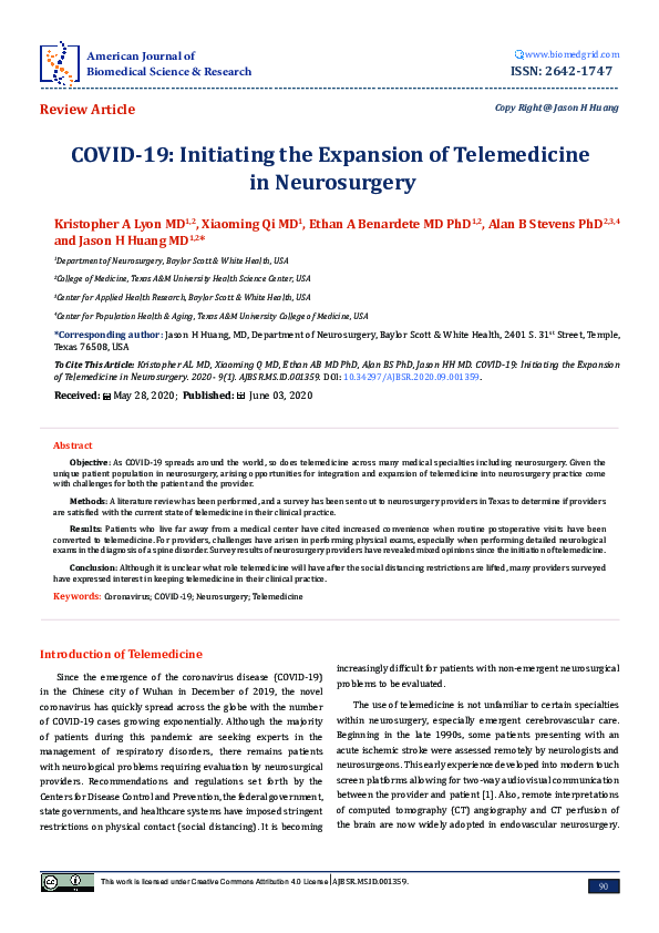 (PDF) COVID-19: Initiating the Expansion of Telemedicine in Neurosurgery