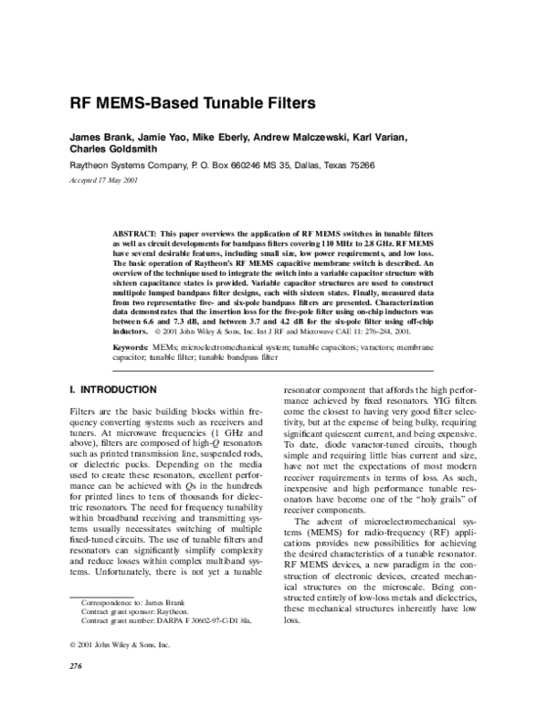 (PDF) RF MEMS-based tunable filters