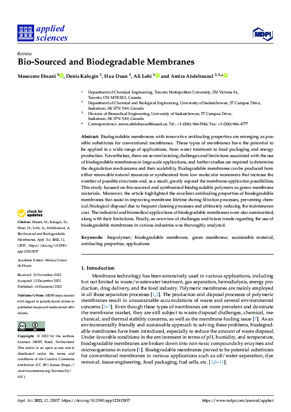 (PDF) Bio-Sourced and Biodegradable Membranes