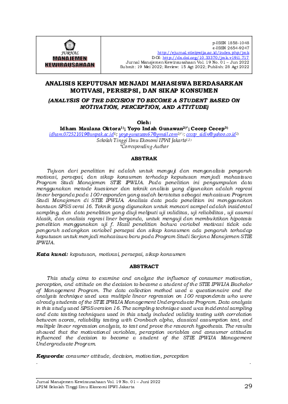 (PDF) Analisis Keputusan Menjadi Mahasiswa Berdasarkan Motivasi, Persepsi, Dan Sikap Konsumen ...