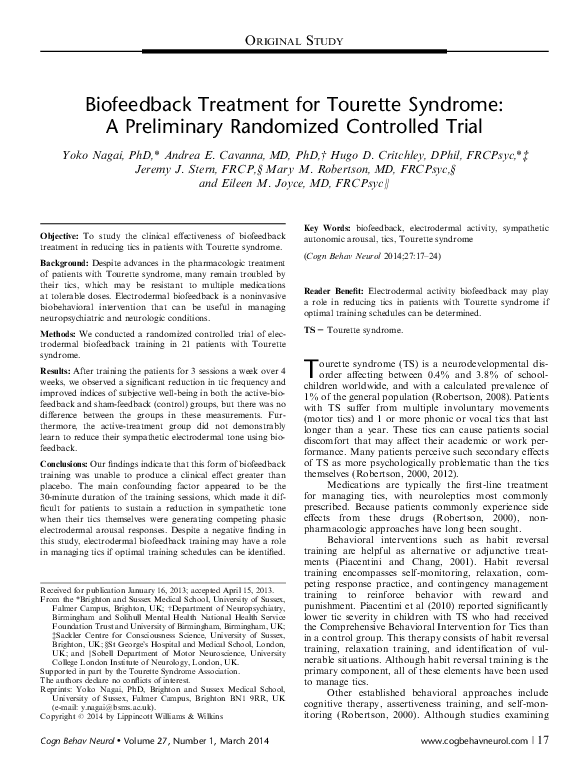 (PDF) Biofeedback Treatment for Tourette Syndrome