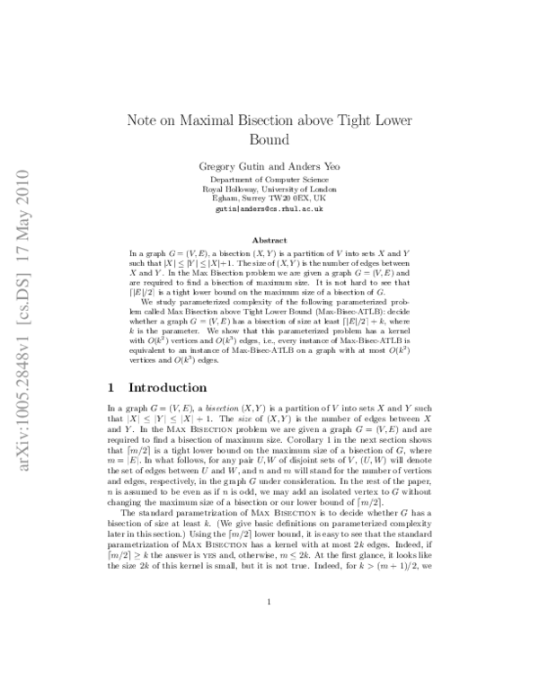 (PDF) Note on maximal bisection above tight lower bound | Gregory Gutin - Academia.edu