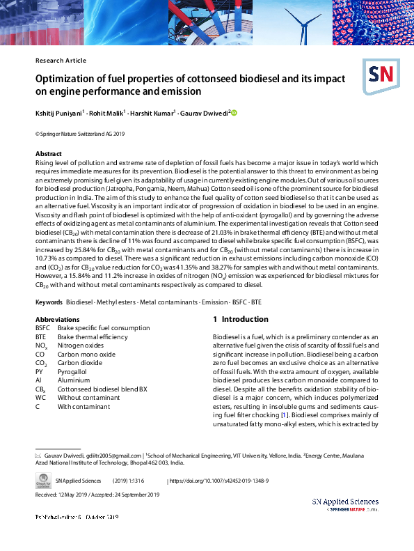 (PDF) Optimization of fuel properties of cottonseed biodiesel and its impact on engine ...