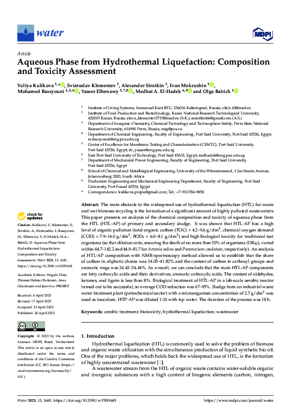 Aqueous Phase from Hydrothermal Liquefaction: Composition and Toxicity ... Aqueous Phase from Hydrothermal Liquefaction: Composition and Toxicity ...