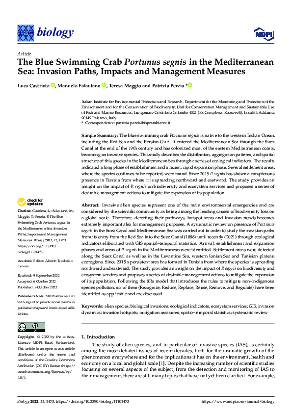 (PDF) The Blue Swimming Crab Portunus segnis in the Mediterranean Sea ...
