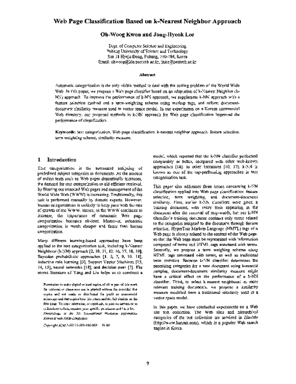 Pdf Web Page Classification Based On K Nearest Neighbor Approach 