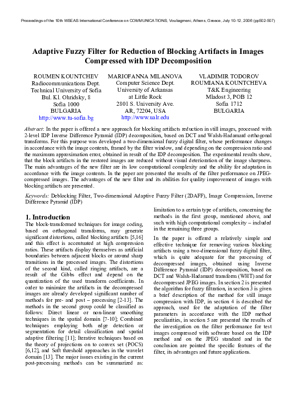 Pdf Adaptive Fuzzy Filter For Reduction Of Blocking Artifacts In Images Compressed With Idp