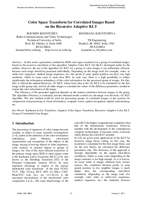 (PDF) Color Space Transform for Correlated Images Based on the Recursive Adaptive KLT | Roumiana ...